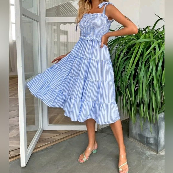 Dresses | New Coastal Striped Smocked Sundress Tiered Ruffle Midi Blue ...
